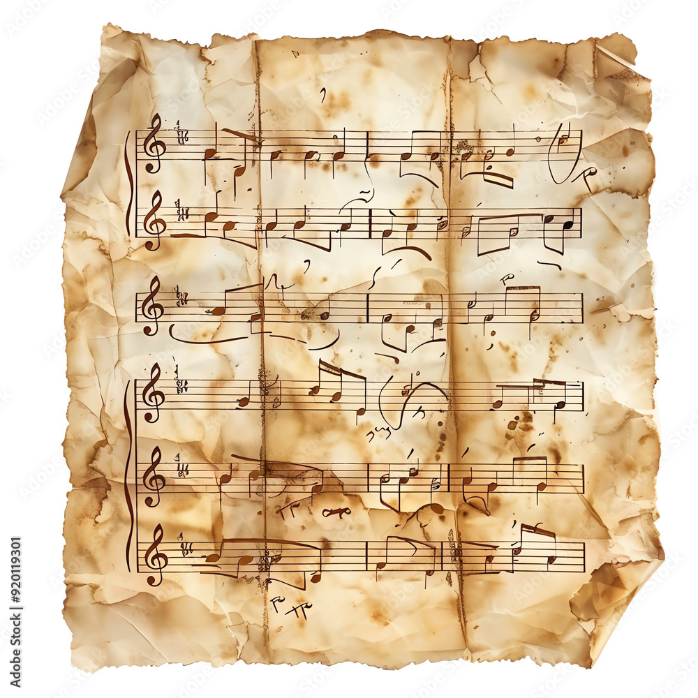 Vintage sheet music on aged, crumpled paper, showcasing musical notes ...