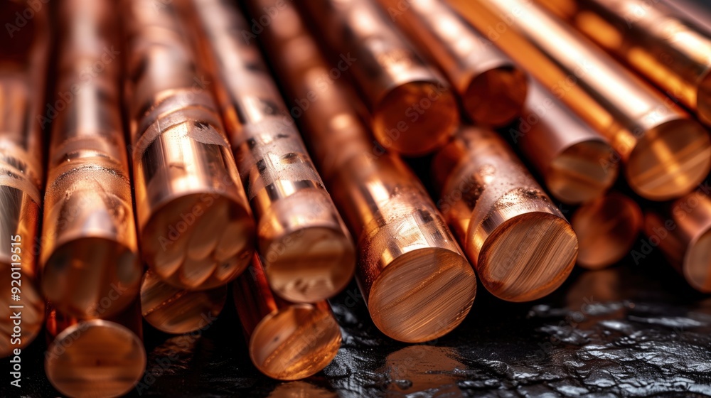 Copper Round Bars Ready for Manufacturing. Close-up view of copper ...