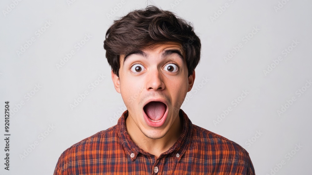 on white background a handsome latin young man surprised and shocked ...