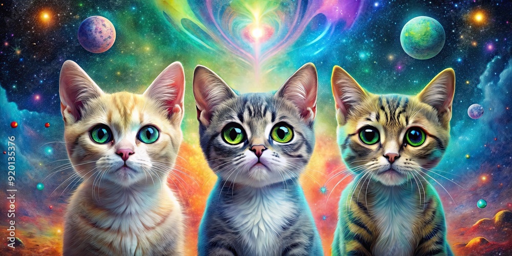 of cute cats with alien features on a colorful cosmic background ...