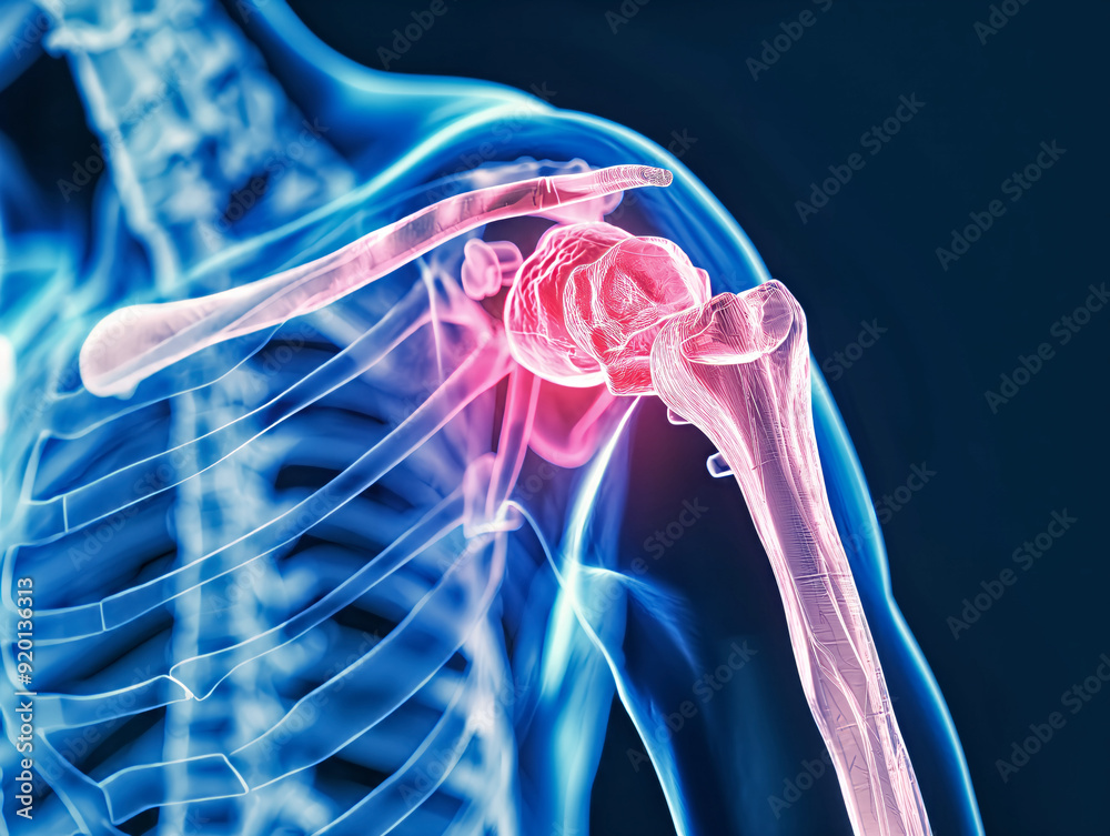 A person's arm is shown in a blue and red color. The arm is in a ...