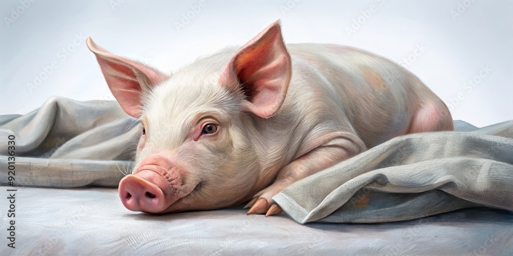 Ultra realistic painting of a lazy pig on a cloth, lazy, pig, realistic ...