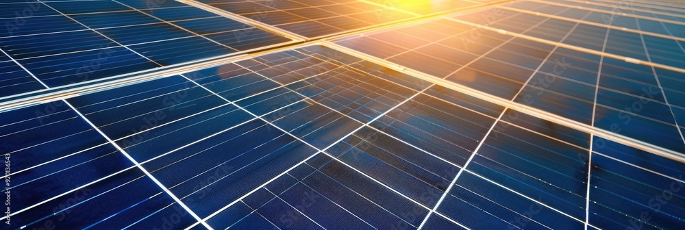 Aerial view of solar panels under sunlight, showcasing photovoltaic ...