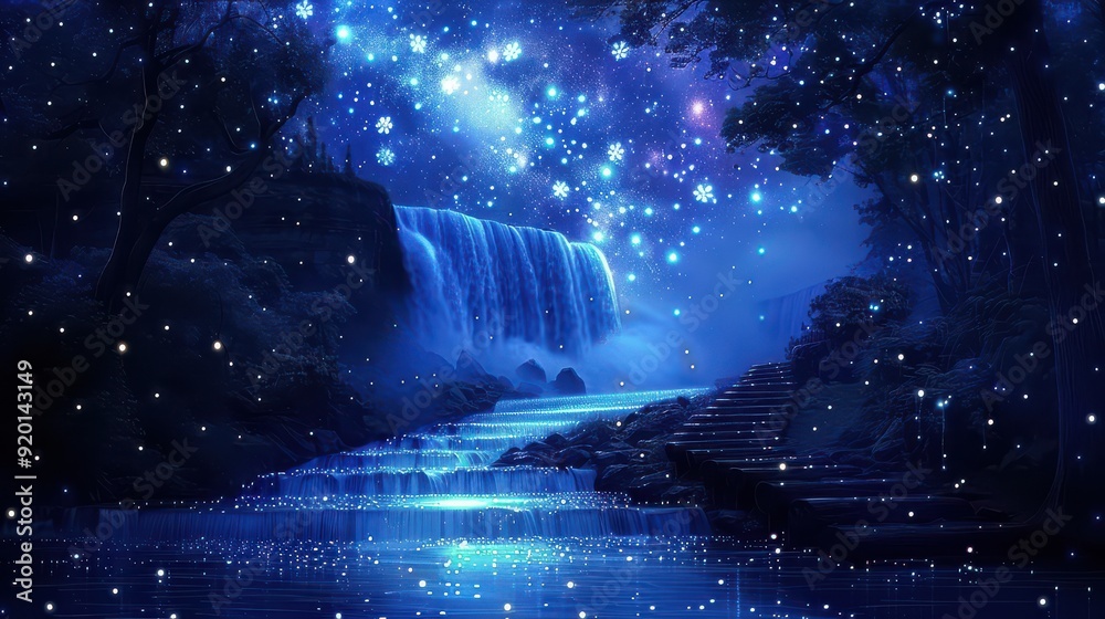 Mesmerizing Nighttime Waterfall Under Starry Sky with Glowing Blue ...