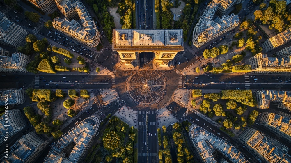 An aerial perspective of the Arc de Triomphe reveals the monument's ...
