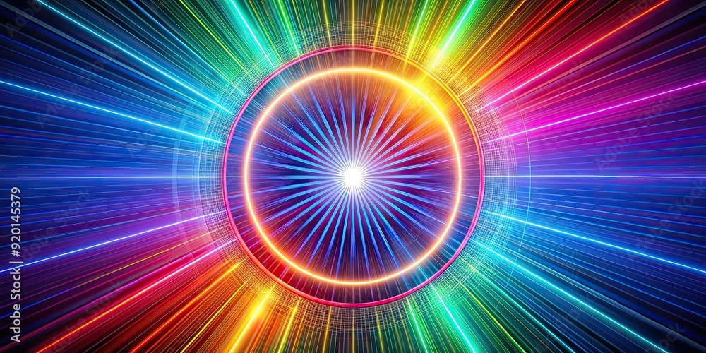 Colorful radial rays, concentric lines, laser beams emanating from a ...