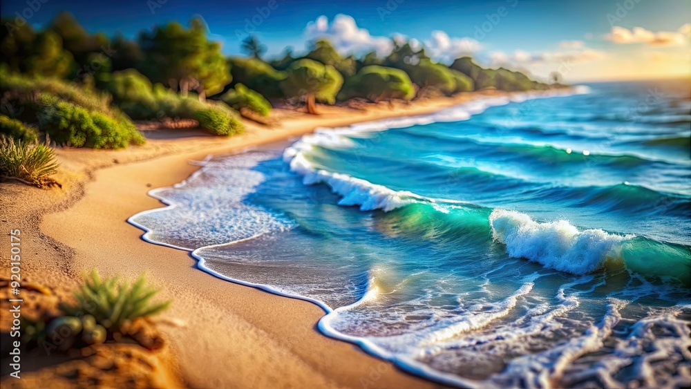 Miniature model of a beach with realistic waves crashing onto the shore ...
