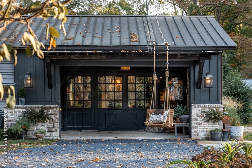 Modern farmhouse garage with open door and hanging wooden swing, black ...