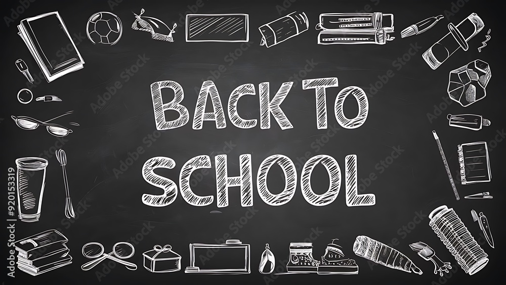 Chalk Doodle Style Back to School Poster on Blackboard with Hand Drawn ...