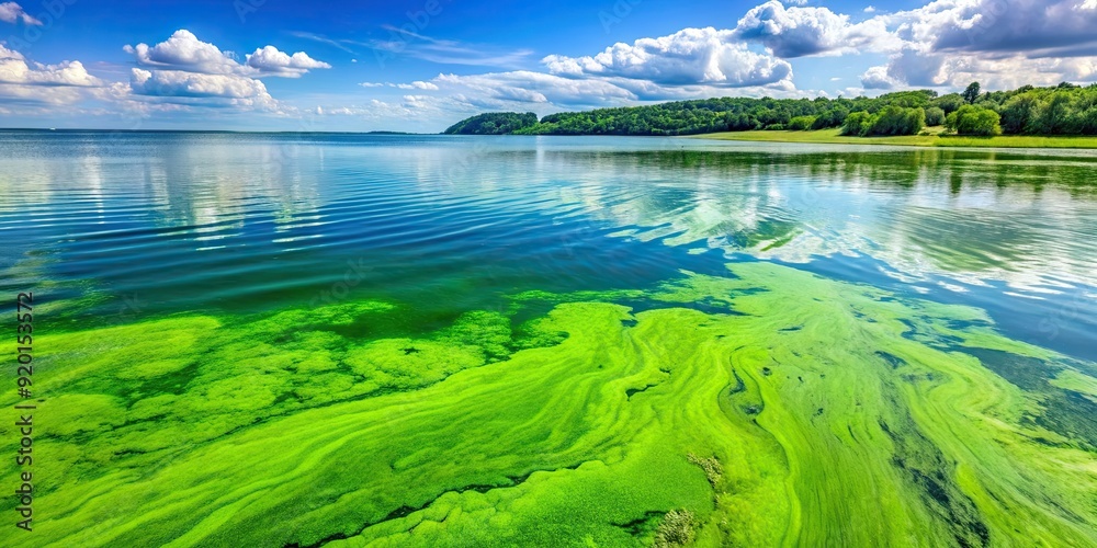 A large, bright green algae bloom in a body of water, algae, bloom ...