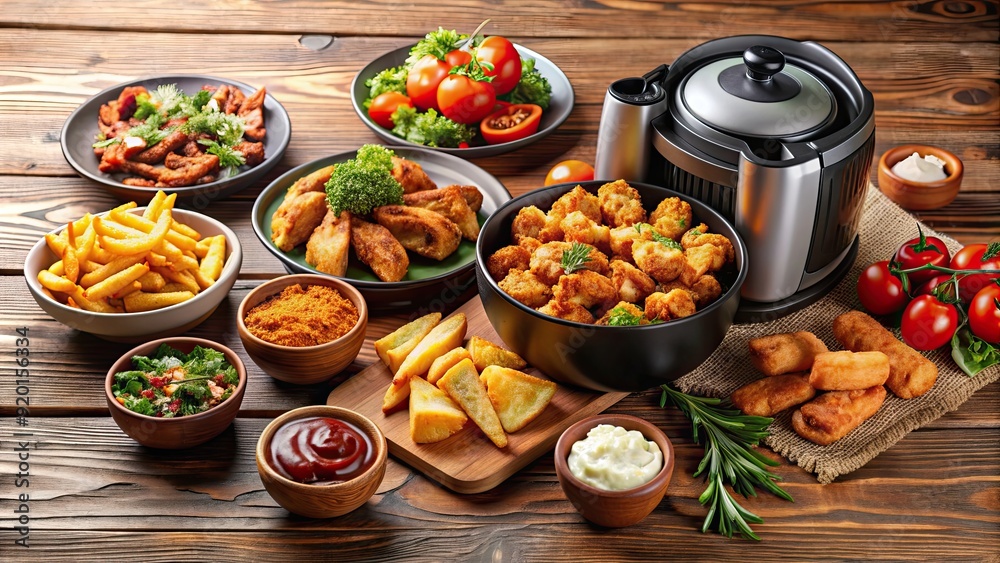 Variety of delicious food cooked in an air fryer on the table, food ...