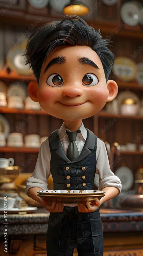 Charming 3D character model of a waiter in a Chinese restaurant, set in ...