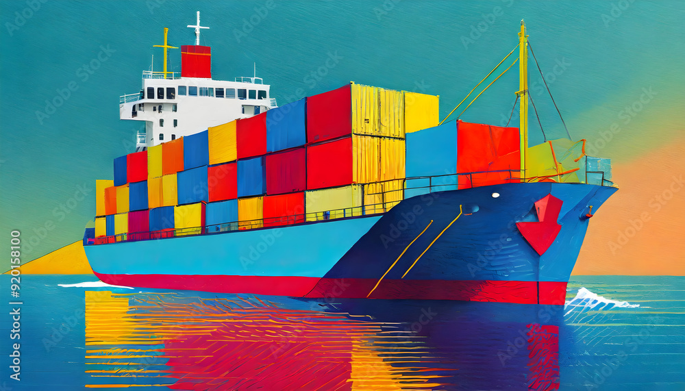 cargo ship in port.a cargo ship covered in a vibrant abstract ...