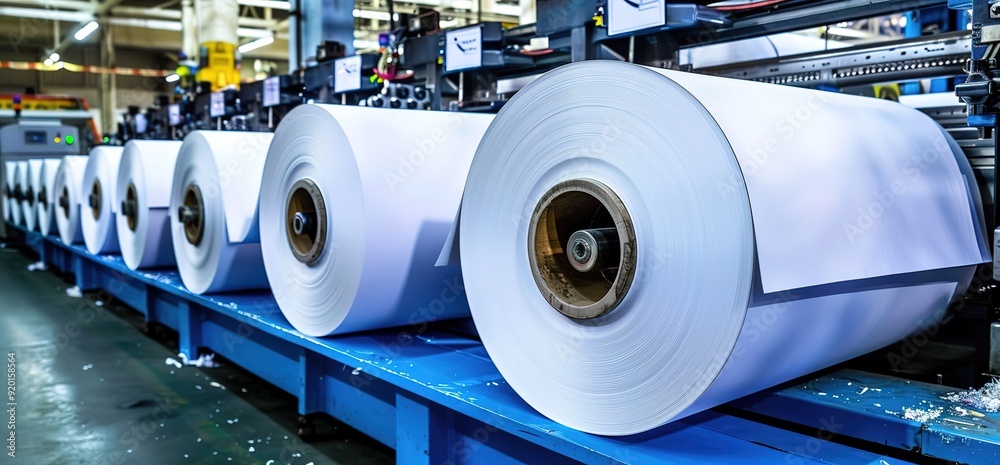 Large rolls of white paper on a production line in a factory, showing ...