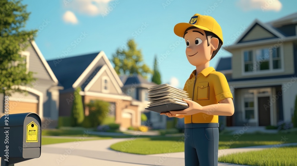 A 3D animation scene features a postman delivering mail in a modern ...