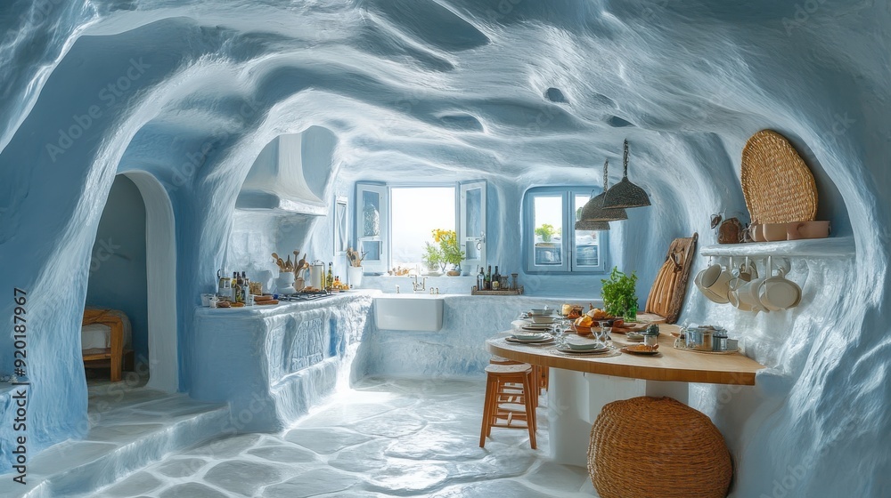 Santorini cave house kitchen. modern amenities blended seamlessly into ...