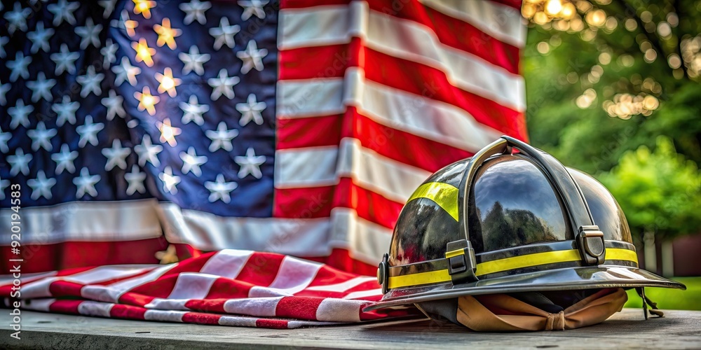 Firefighter's helmet beside flag-draped memorial, honoring courage ...