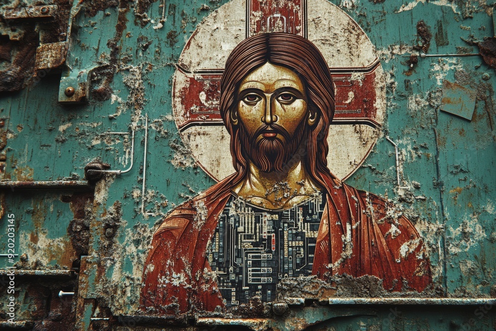 Conceptual art depicting a religious icon with visible electronic ...