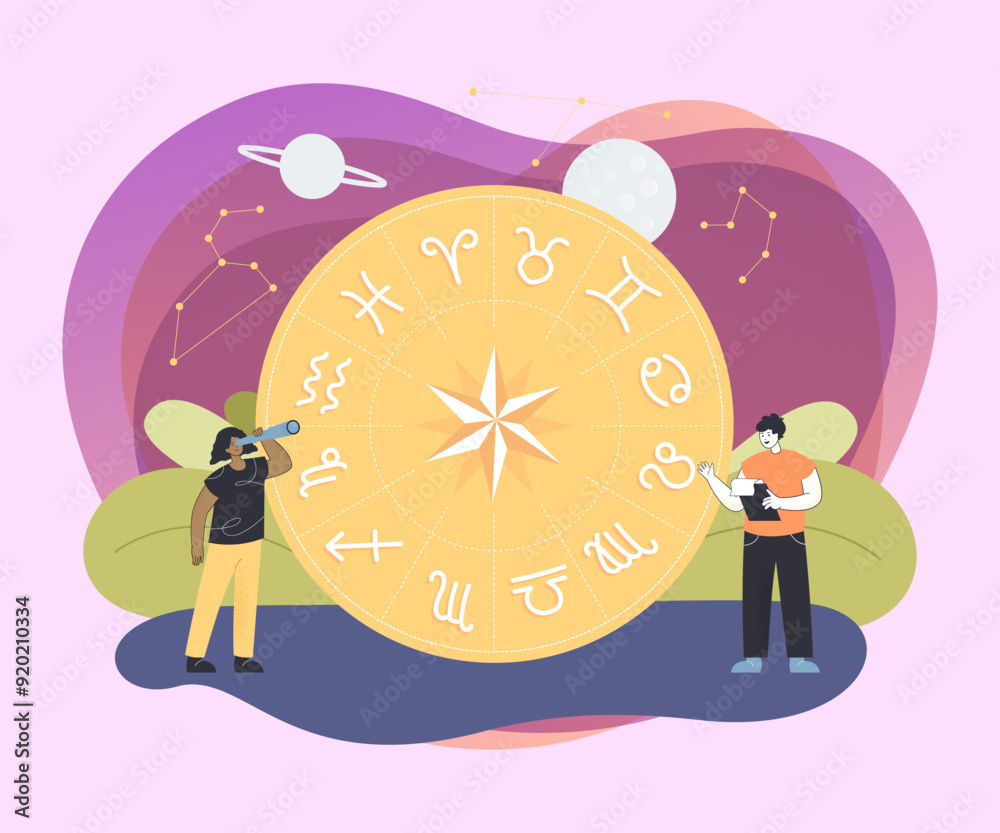 Tiny people, set of zodiac signs and star constellations with planets in sky. Male and female ...