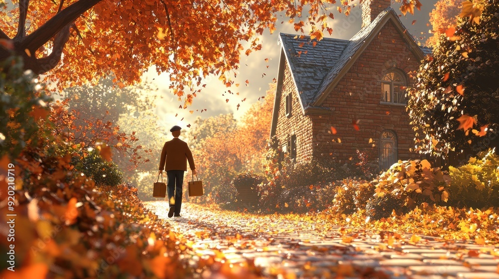 A 3D animated scene features a postman delivering mail on a tranquil ...