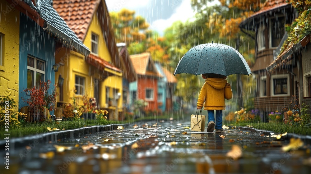In a 3D animation, a postman delivers mail on a rainy day, holding an ...