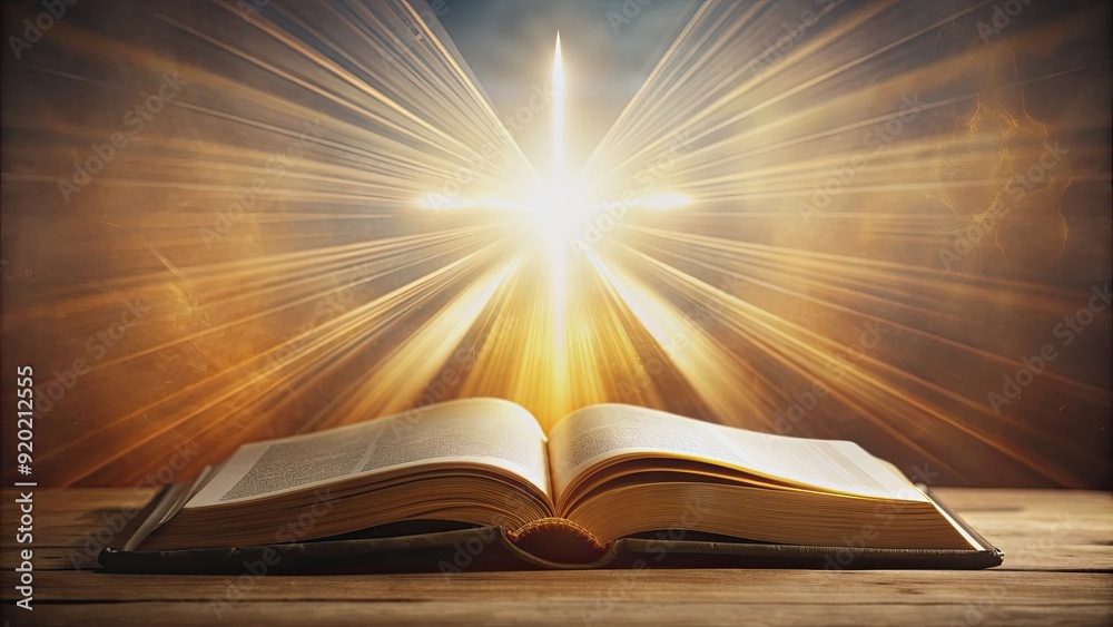 Close-up of an open Bible with a shining light representing the Holy ...