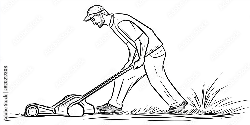 Black and white line drawing of a gardener mowing lawn with lawn mower ...