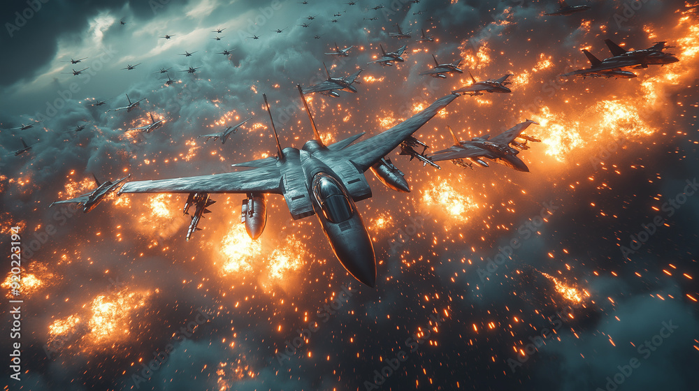 A large fleet of fighter jets was flying, with explosions and flames ...