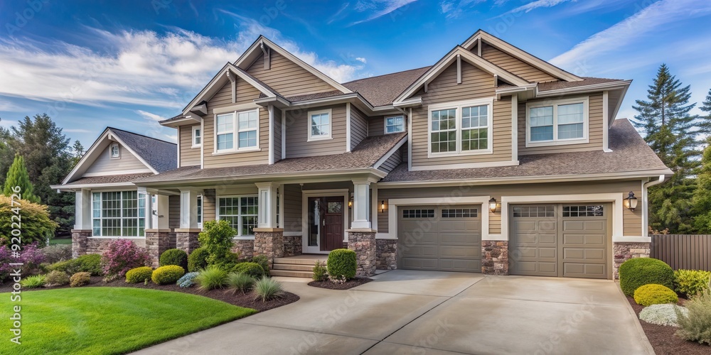 Large two story suburban home with driveway and beautiful landscaping ...