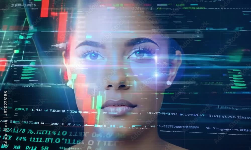 AI, Machine learning, beautiful woman robot with digital technology on brain concept machine ...