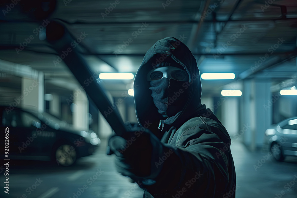 Surveillance camera capturing a burglar in a ski mask holding a crowbar ...