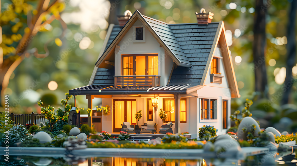 3d small house model on architecture floorplan created Stock ...
