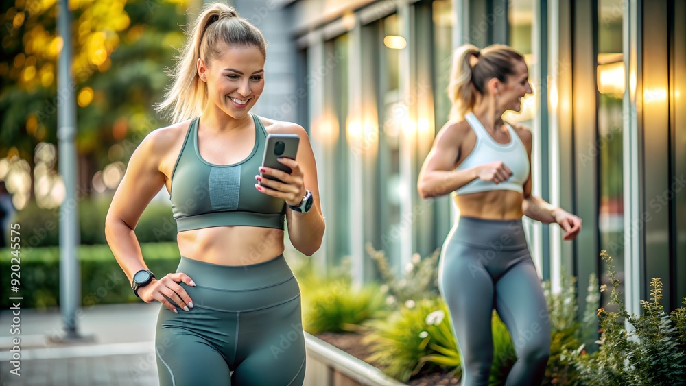Influencer in activewear, exercising outdoors, using fitness app ...