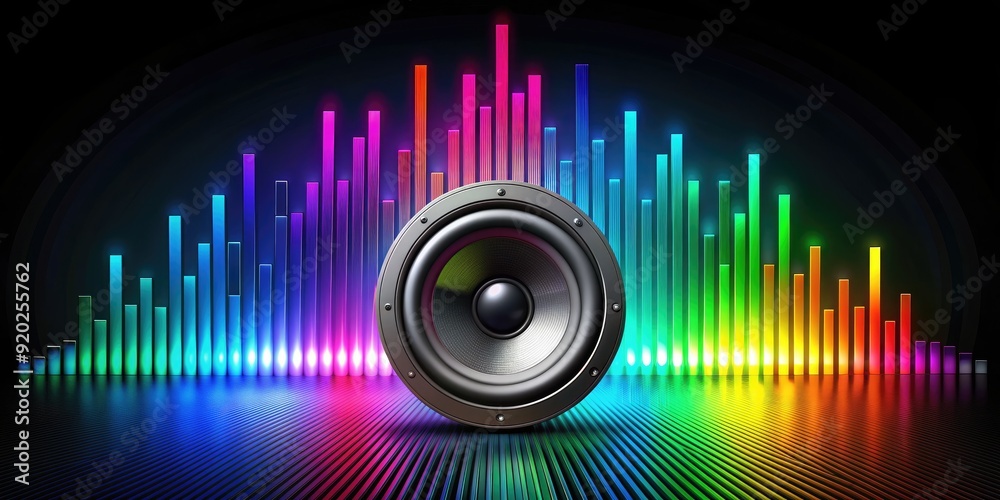 Colorful 3D sound waves and audio bars rising from a sleek black ...