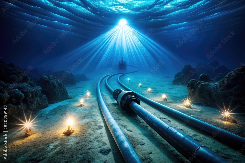 Underwater fiber optic cables stretch across the seafloor, illuminated ...
