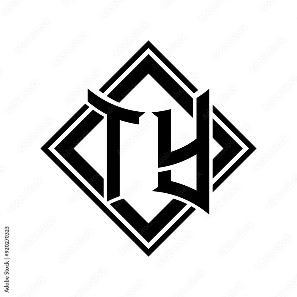 TY Letter logo with abstract shield shape with square black outline on ...