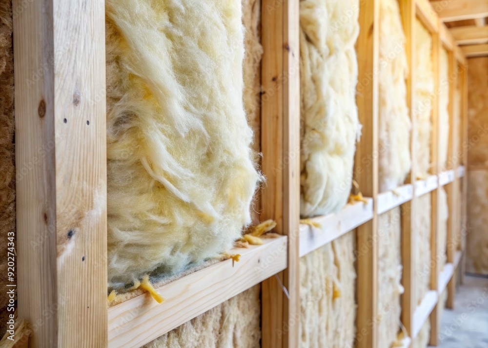 Close-up of mineral wool insulation being installed in a wall cavity ...