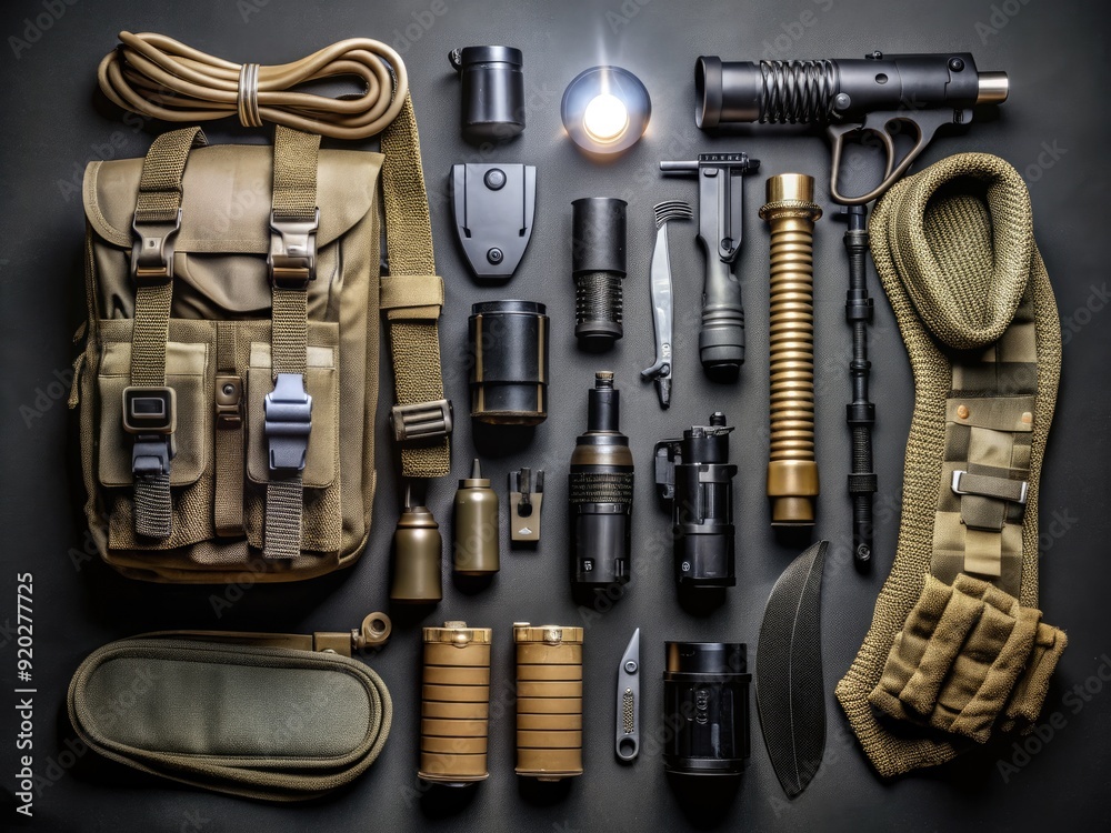 Assorted tactical gear and accessories, including flashlights, knives ...