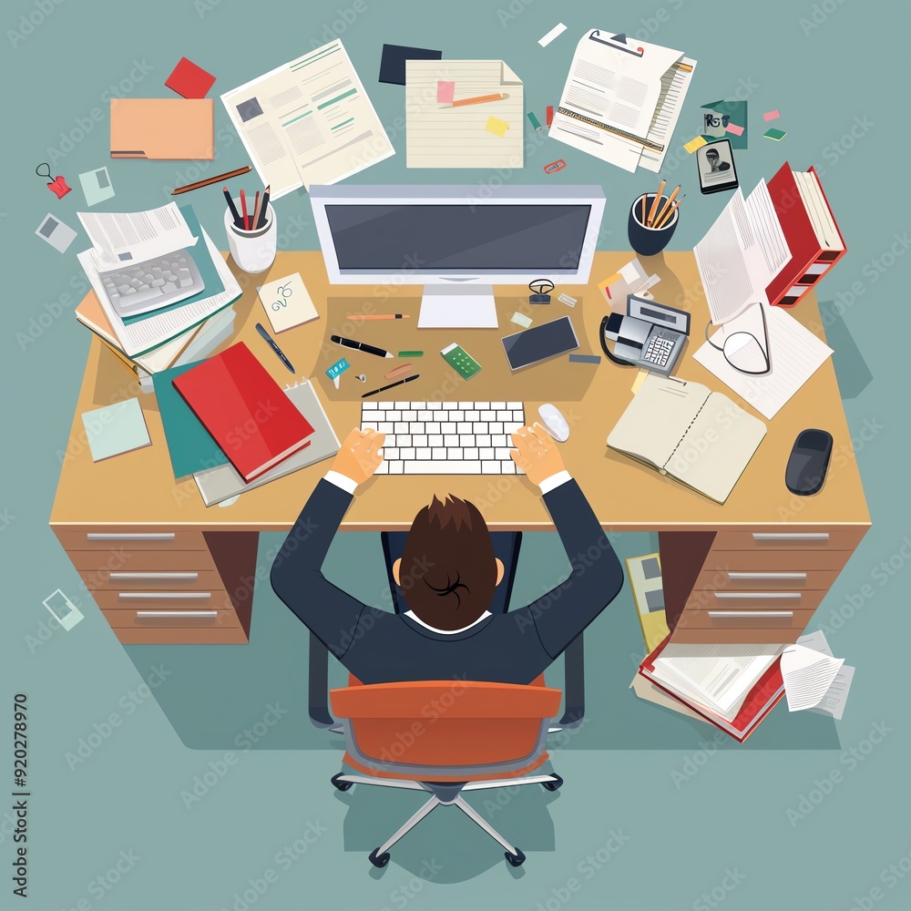 Overwhelmed professional at cluttered desk with computer, papers, and ...