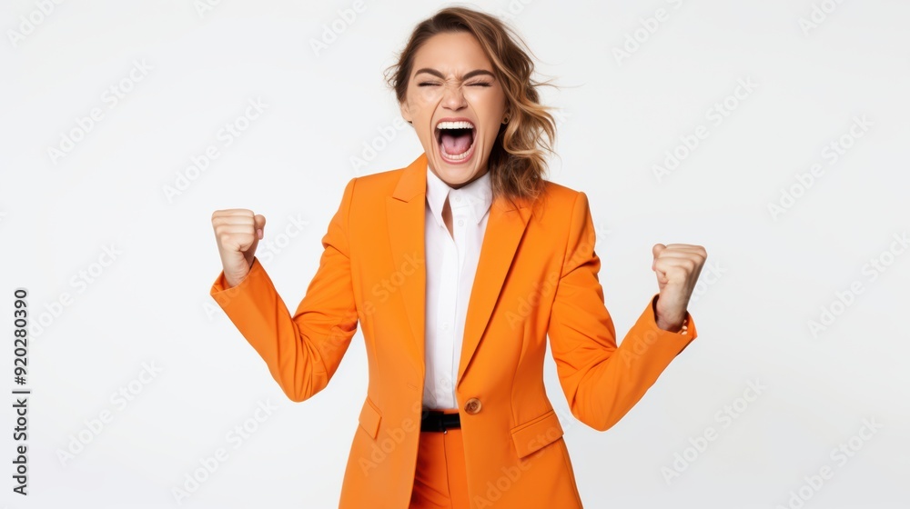 powerful woman in an orange suit clenches her fists in a victorious ...