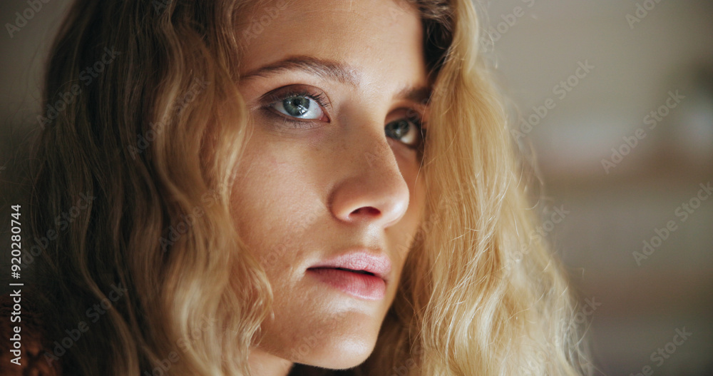 Sad, woman and thinking with depression in home for flashback, grief and dissociation in memory ...