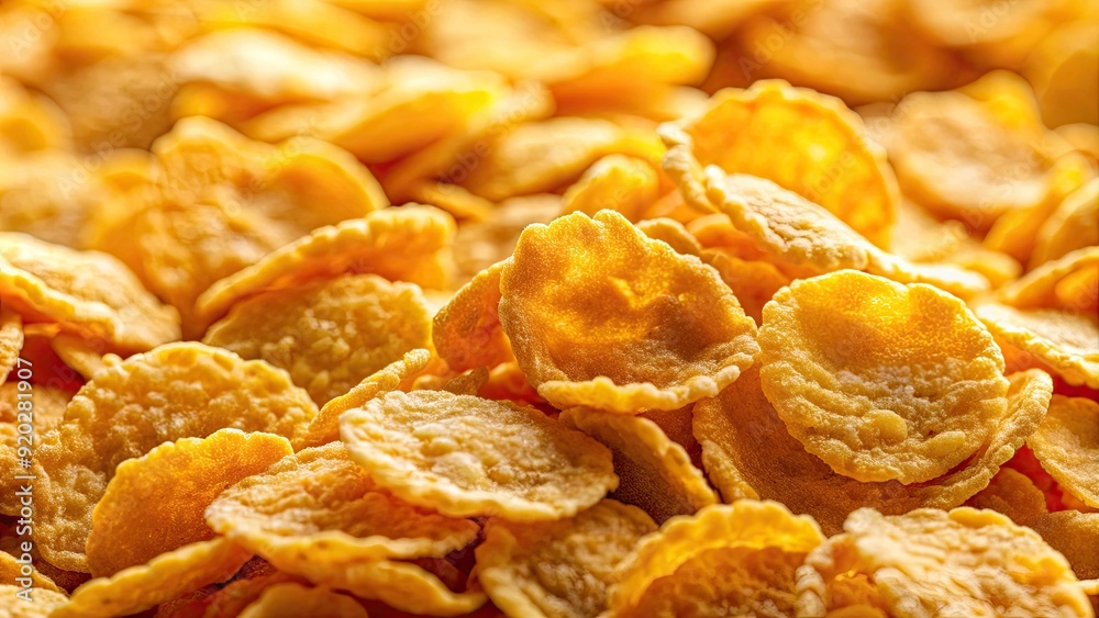 Macro shot of crunchy corn flakes with a soft, golden lighting ...