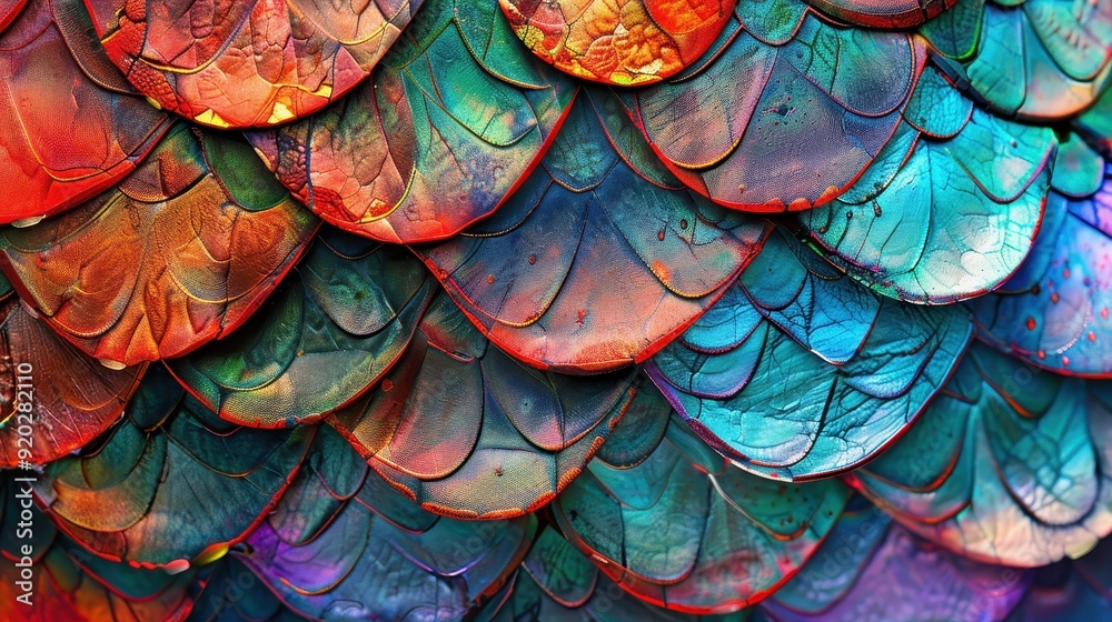 The colorful scales exhibit a stunning variety of hues and textures ...