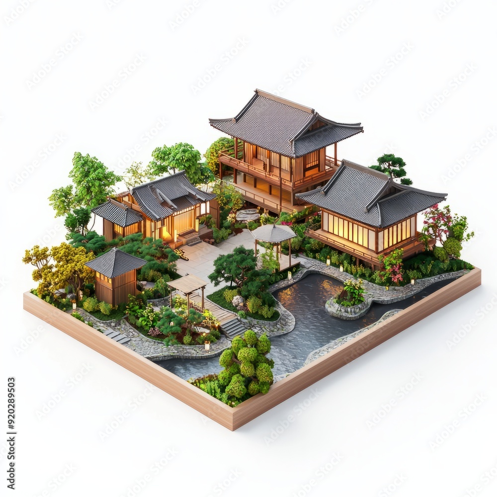 3D Render of a Japanese seaside resort with traditional ryokan, ocean ...