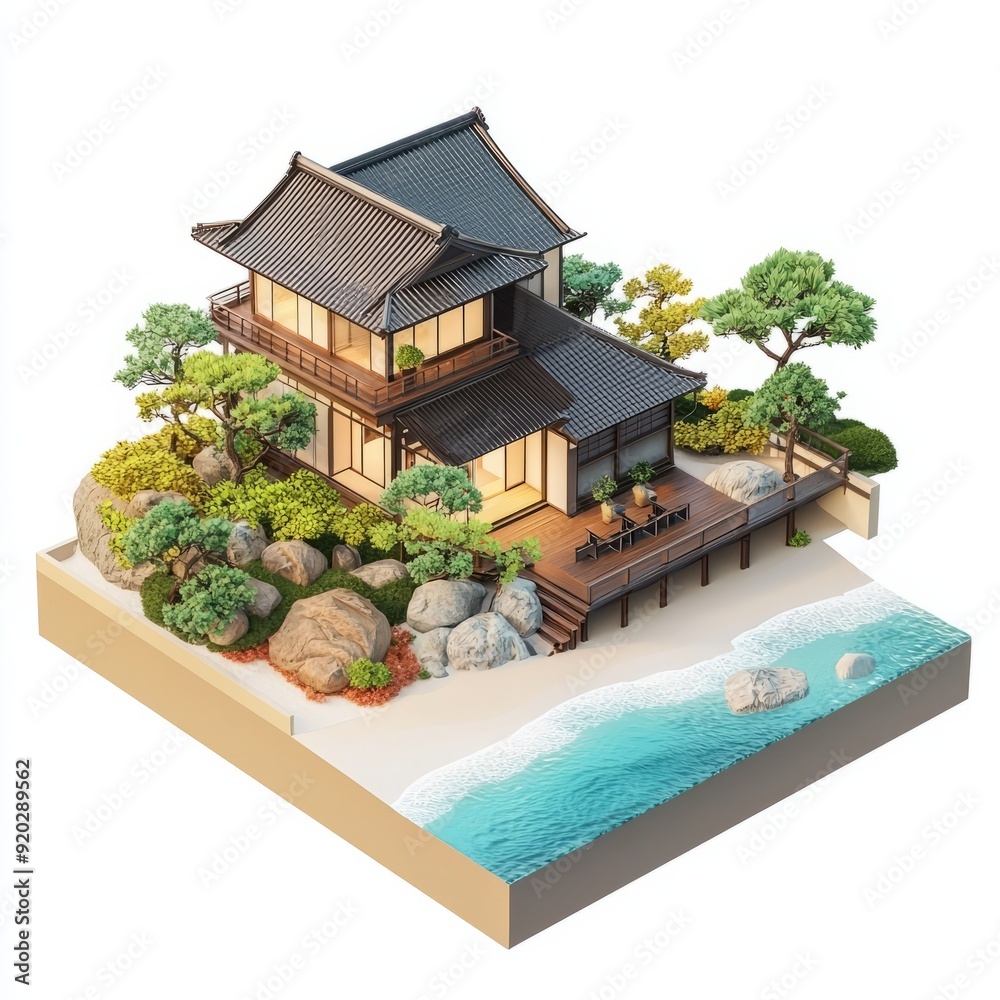 3D Render of a Japanese seaside resort with traditional ryokan, ocean ...