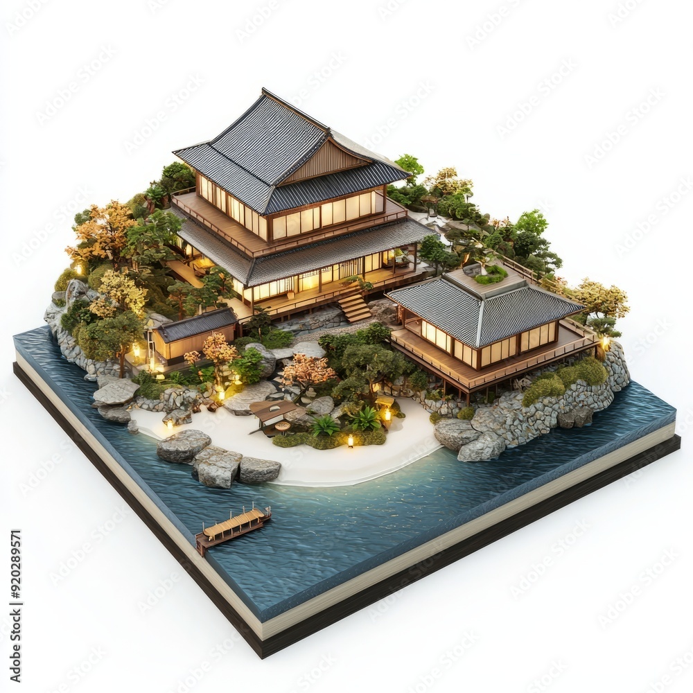 3D Render of a Japanese seaside resort with traditional ryokan, ocean ...