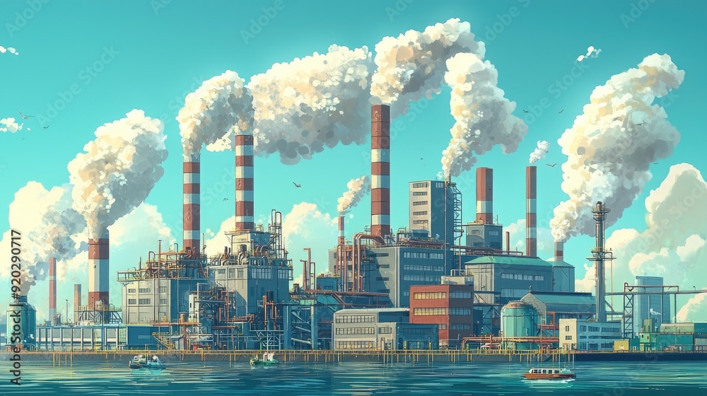 Polluted Cartoon Factory with Smoking Stacks in Industrial Environment ...