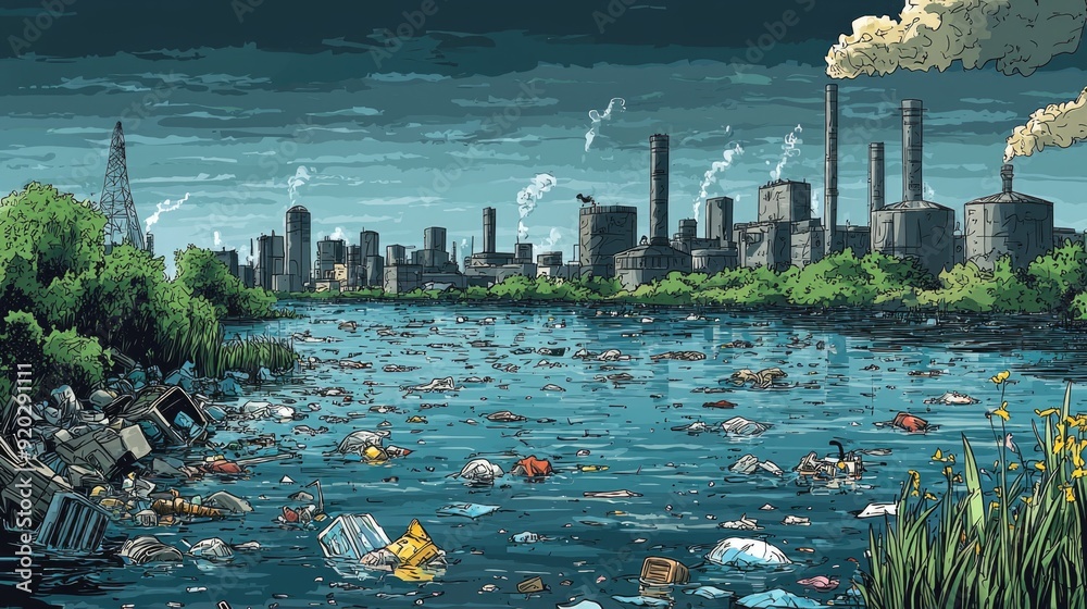 Environmental disaster - Cartoon illustration of polluted river with ...