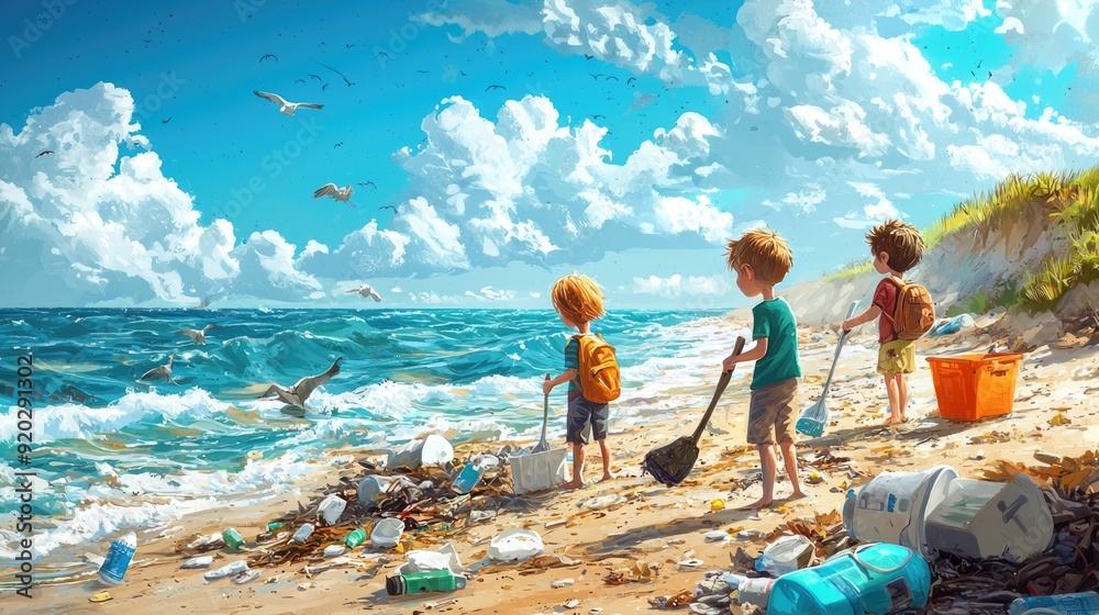 Eco-Friendly Cartoon Characters Cleaning Up Polluted Beach ...