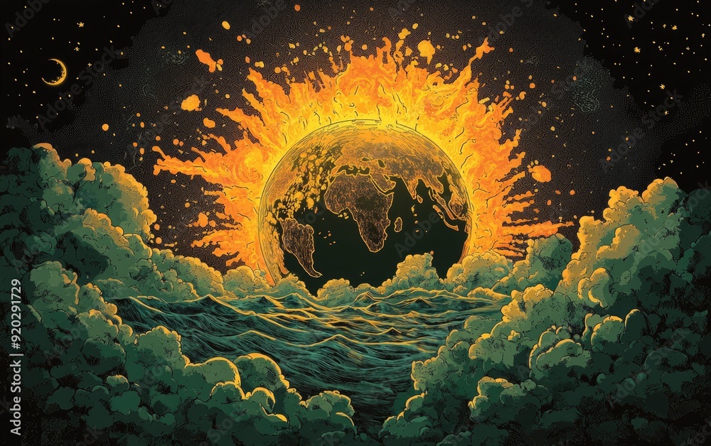 Scorched Earth: Cartoon Illustration of a Sunburned Planet with ...